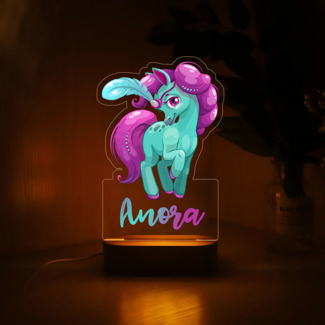 Custom Name Night Light for Kids - Personalized Cartoon Feathered Pony ...